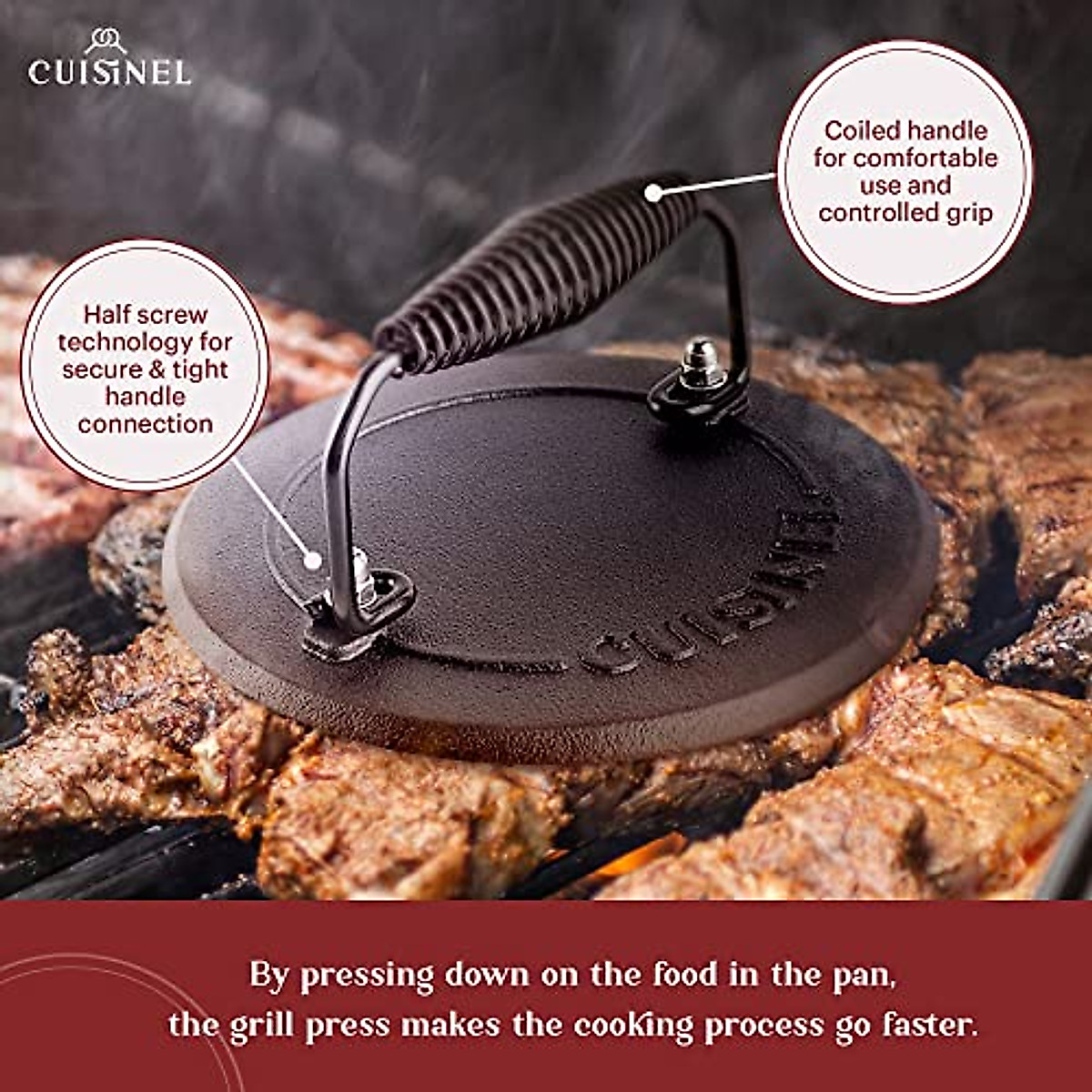 Grill Press - Cast Iron Burger Press for Bacon, Steak and Smashed Hamburgers - 7.5"-inch Diameter Round Pre-Seasoned Heavy Duty 4-lb. Weight Sandwich and Panini Maker - Griddle, BBQ Grill Accessory