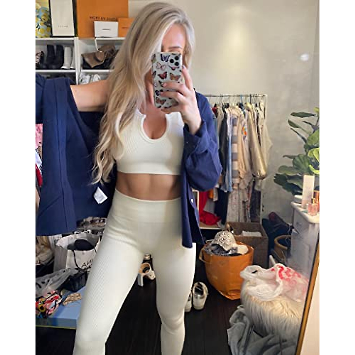QINSEN Womens Yoga Leggings 2 Piece Outfits Running Crop Top Seamless High Waist Leggings Beige M