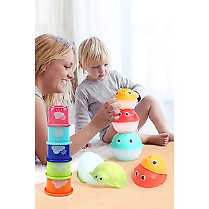 MoraBaby Baby Bath Stacking Toys with Organizer Bag, 8 Stacking Cup Toys, 4 Stack Up Squirts Animal Balls and 1 Floating Blue Octopus, Bath Time Fun Splash Toys, Gifts for Toddler 1-3 Years