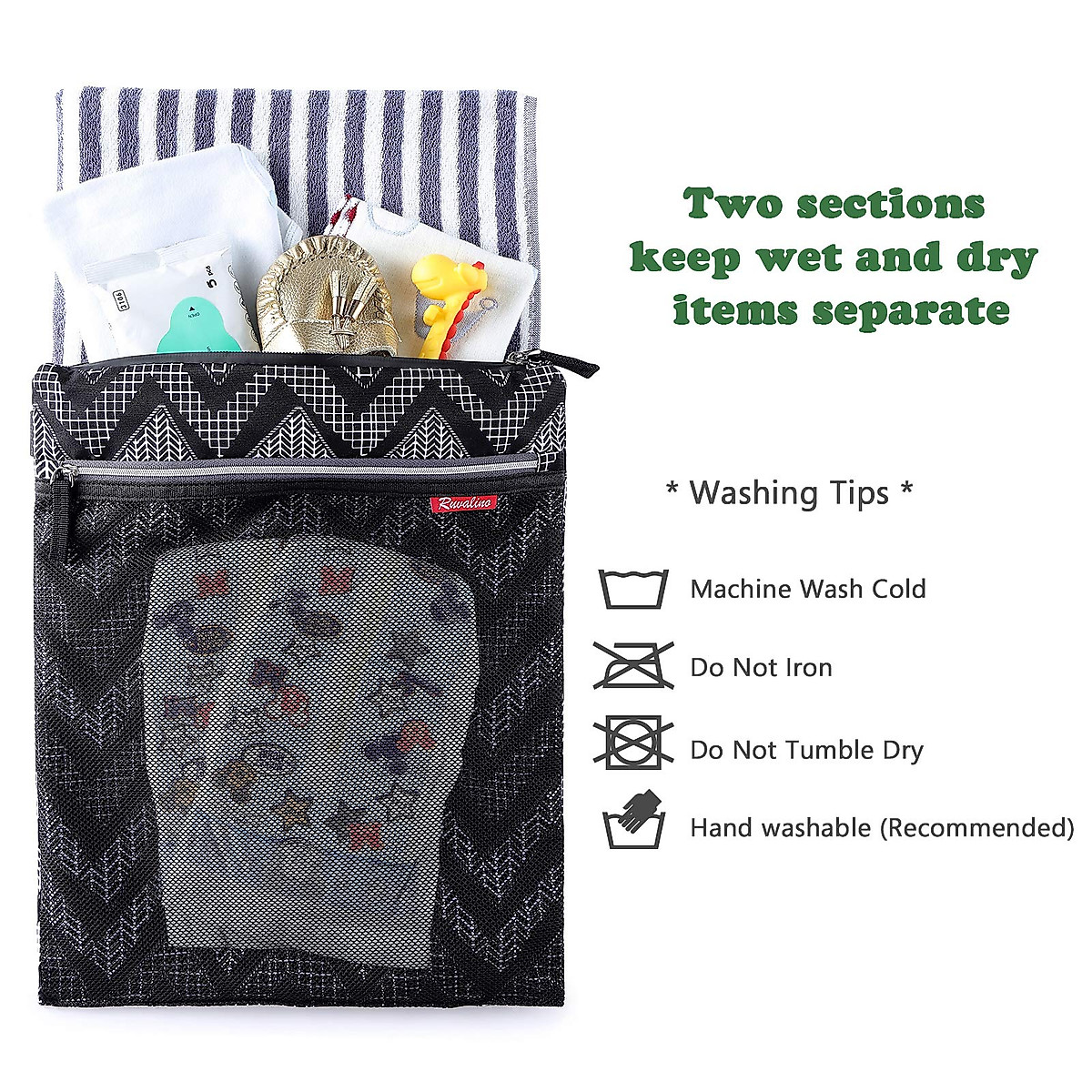 RUVALINO Wet Dry Bag, Reusable Baby Diaper Bag Accessory with Two compartments for Cloth Diapers, Toys, Swimsuits, Dirty Gym Clothes, Toiletries, Large Capacity, Waterproof and Stylish, Black