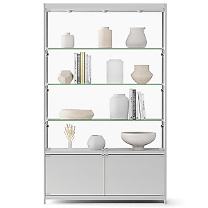 Displays2go 48" Retail Showcase, 7 LED Lights, Storage, Lockable Swinging Doors - Silver (LESC4816SB)