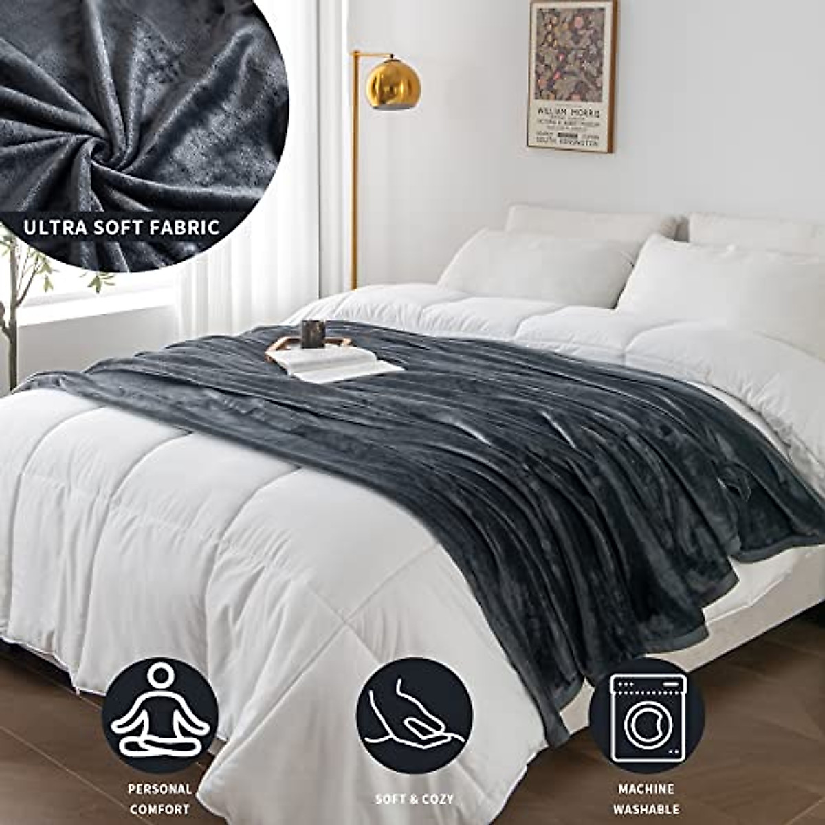 HULAWAO Fleece Bed Blankets, Soft Lightweight Luxury Throw Blanket, Plush Fuzzy Super Cozy and Comfy for Couch Sofa or Bed, All Seasons(Dark Grey, Queen)