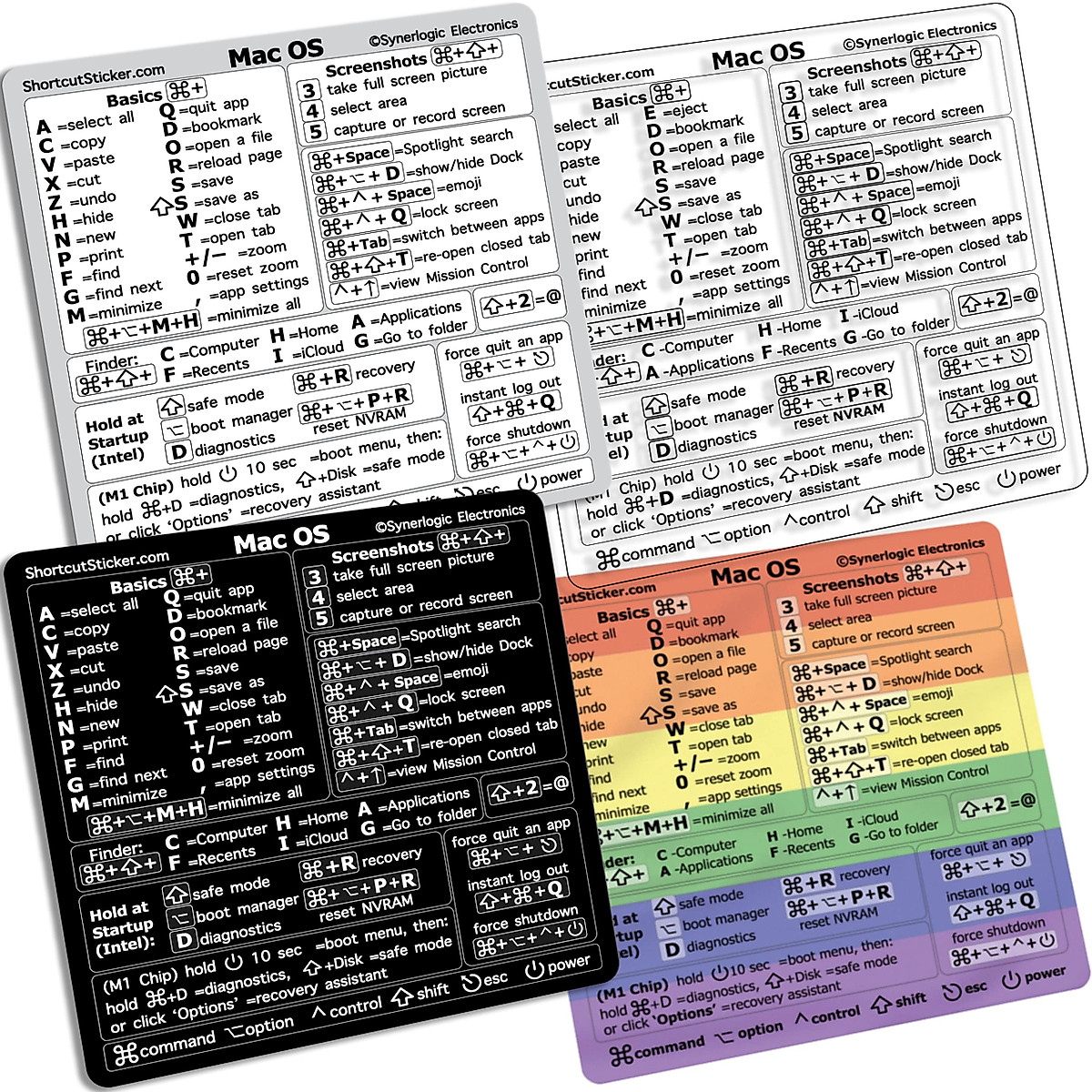 Synerlogic (M+Intel) Mac OS Reference Keyboard Vinyl Shortcut Stickers Compatible with MacBook Pro Air iMac Mini (4-Pack Black/White/Clear/Rainbow)