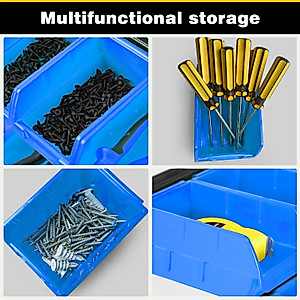 Ultrawall Wall Mounted Storage Bins, Plastic Hanging Storage Organizer Bins, Garage Tool Storage System for Screws, Nuts, Bolts, Nails, and Small Hardware Parts, 12x bins & 3 x rails, Blue