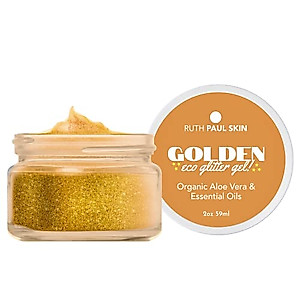 Gold Face, Body Glitter Gel: for Women & Girls | Biodegradable Glitter Body Shimmer | Fine Glitter in Aloe Vera Gel Base with Essential Oil | Body Makeup by Ruth Paul Skin 2oz