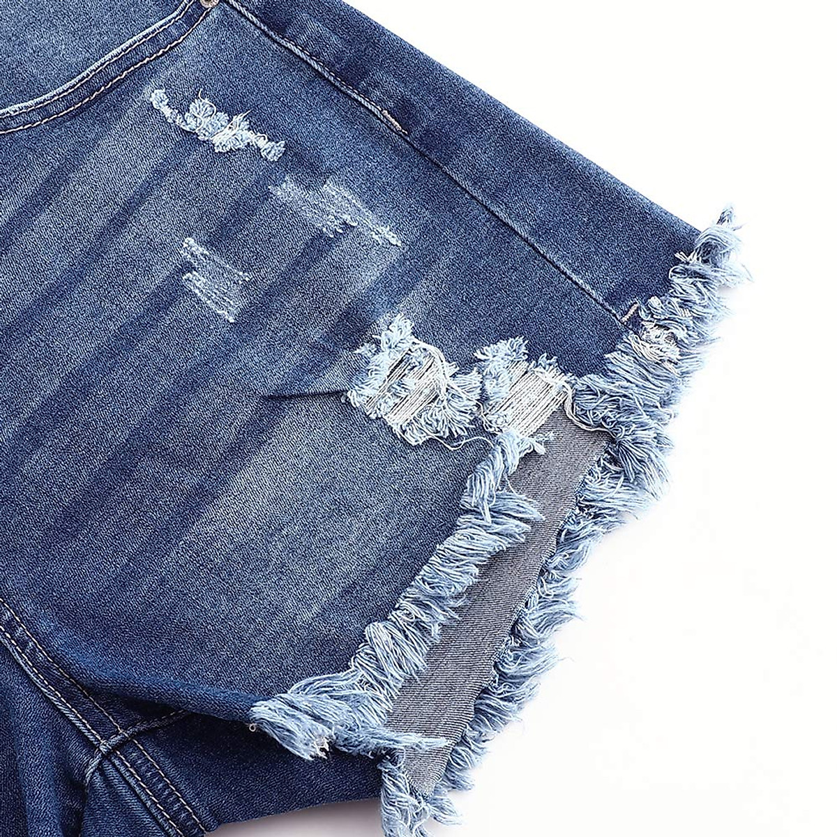 THUNDER STAR Women Mid Rise Ripped Stretchy Jeans Shorts Frayed Raw Hem Casual Denim Shorts Blue XXL