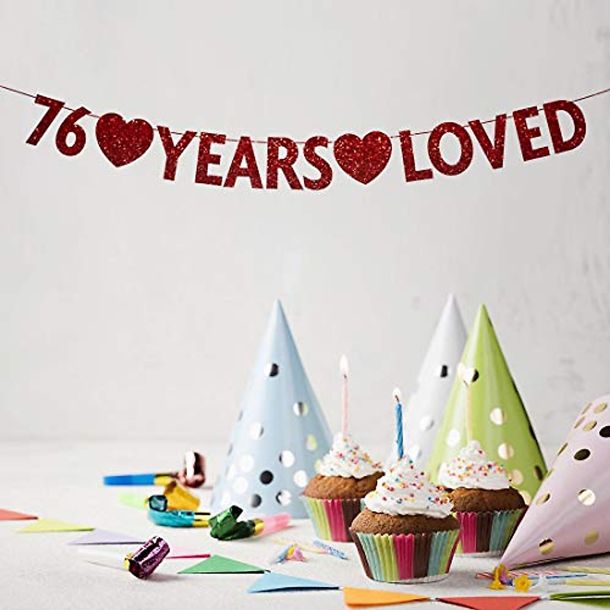 Red 76 Year Loved Banner, Red Glitter Happy 76th Birthday Party Decorations, Supplies