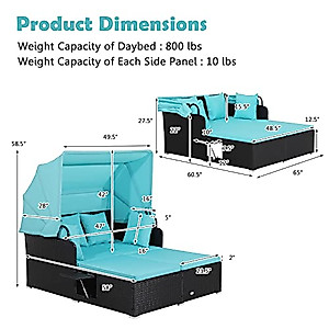 Tangkula Patio Rattan Daybed, Patiojoy Wicker Daybed Lounger w/Retractable Canopy, 2 Foldable Side Panels, Thick Seat & Back Cushions, Double Conversation Bed for Garden, Backyard, Porc (Turquoise)