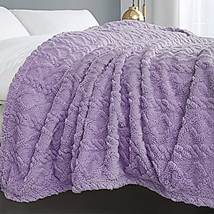 Whale Flotilla Jacquard Fuzzy Fleece Fluffy Bed Blanket Queen Size(90x90 Inch), Velvet Microfiber Bedspread, Warm and Soft Bed Blanket for All Season, Lilac