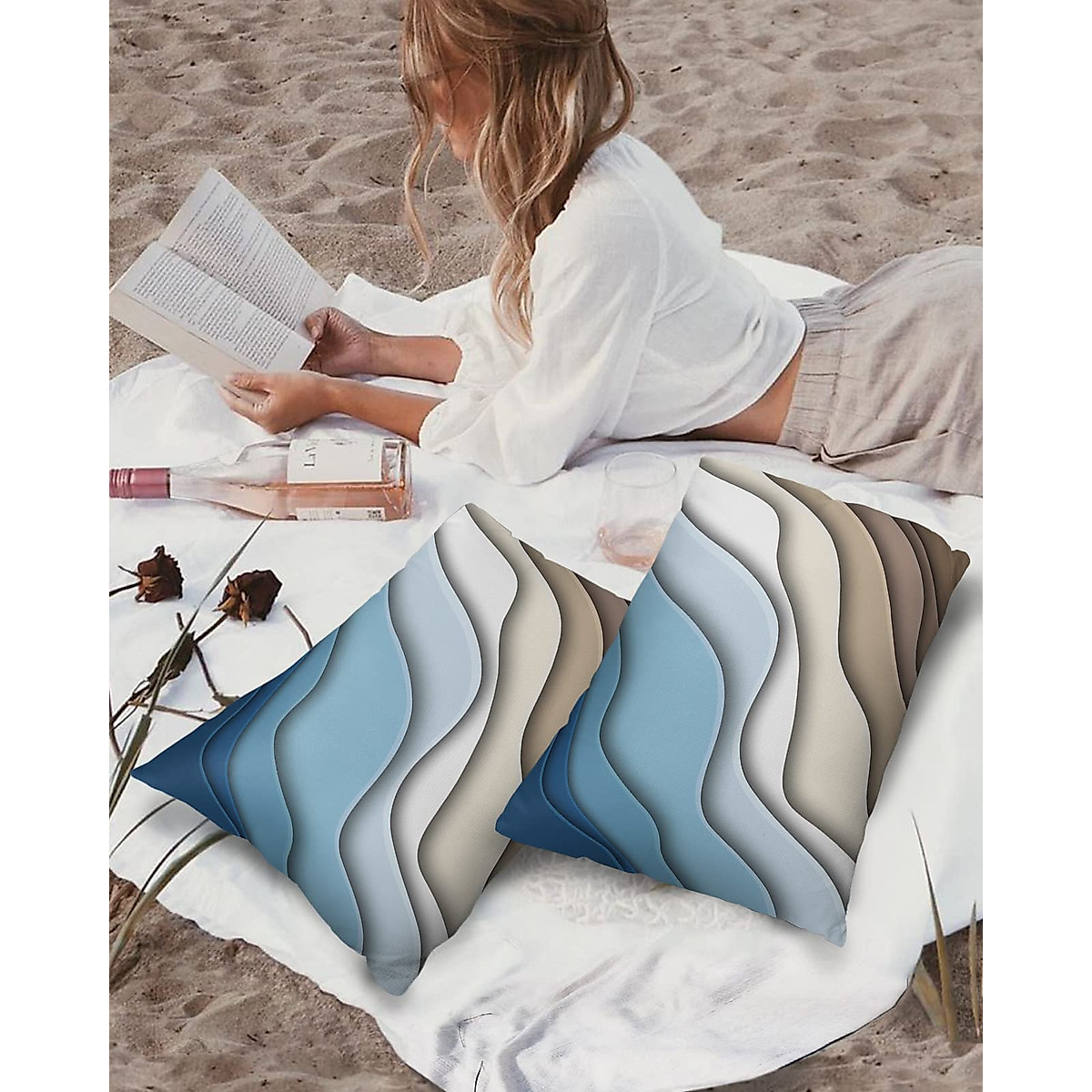 MUSWEDSEP Blue Stripe Outdoor Pillow Covers Pack of 2,Ocean Beach Modern Geometric Waterproof Throw Pillow Cover,Brown Gradient Water Ripple Decorative Cushion Case for Patio Garden Couch Sofa