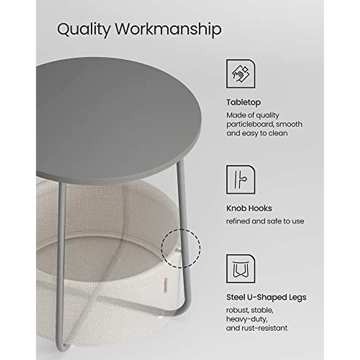 VASAGLE Small Round Side End Table, Modern Nightstand with Fabric Basket, Dove Gray, Classic White
