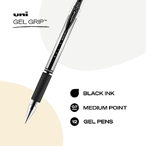 Black Gel Pens with Gel Grip, 12 Bulk Pens, Black Pen with 0.7mm Medium Points, Gel Office Pens for Office Supplies, School Supplies, & Home Supplies, Black Gel Ink Pens Bulk, Black Pens by Uniball