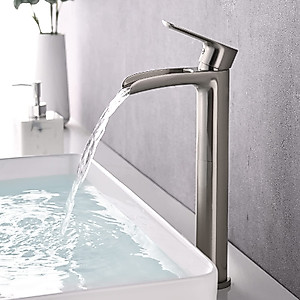 NEWATER Waterfall Spout Tall Vessel Bathroom Sink Faucet，Basin Mixer Tap Single Handle One Hole Brushed Nickel