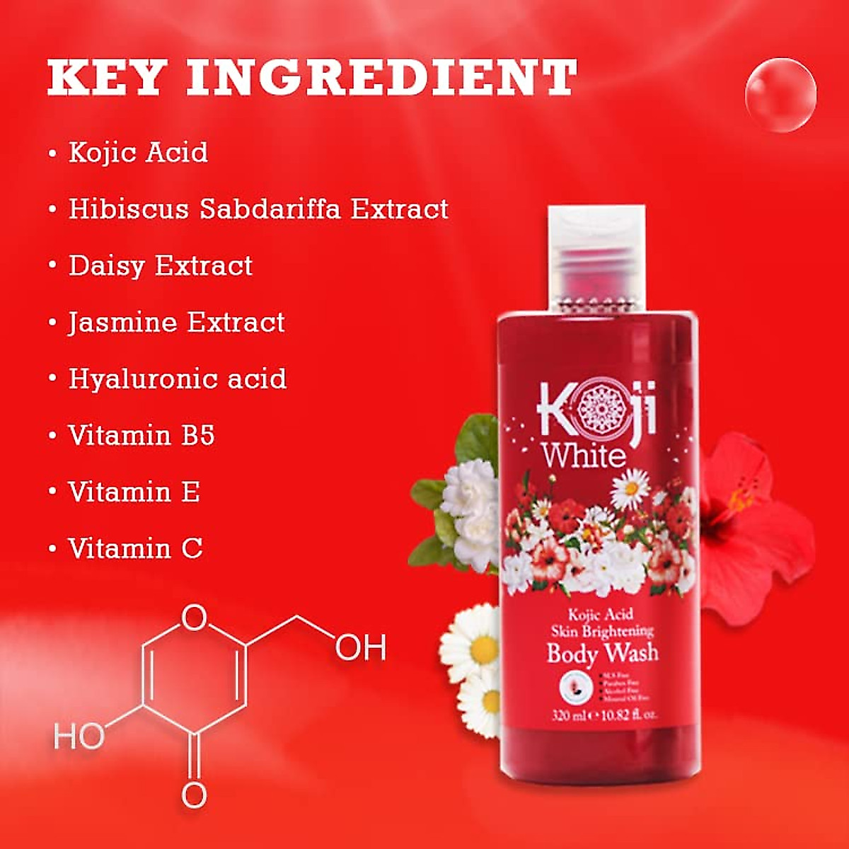 Koji White Kojic Acid Skin Brightening Body Wash - Daily Moisturizing Skin Cleanser, Uneven Skin Tone with Flower Acid Extracts, Hyaluronic Acid, Vitamin E & B5, Vegan Body Wash, 10.82 Fl oz