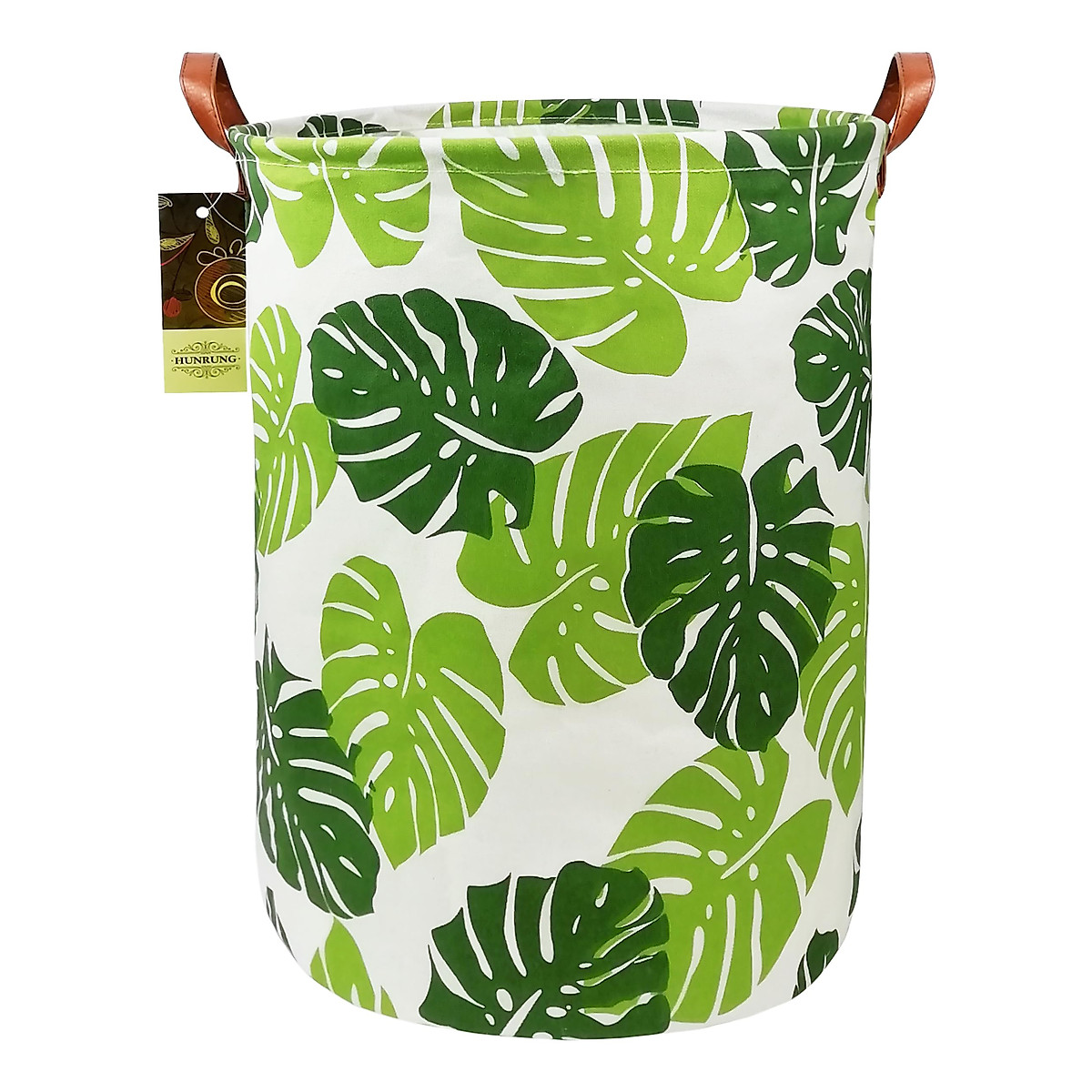 HUNRUNG Laundry Hamper,Large Canvas Fabric Lightweight Storage Basket Toy Organizer Dirty Clothes Collapsible Waterproof for College Dorms, Children Bedroom,Bathroom (Round Leaf)