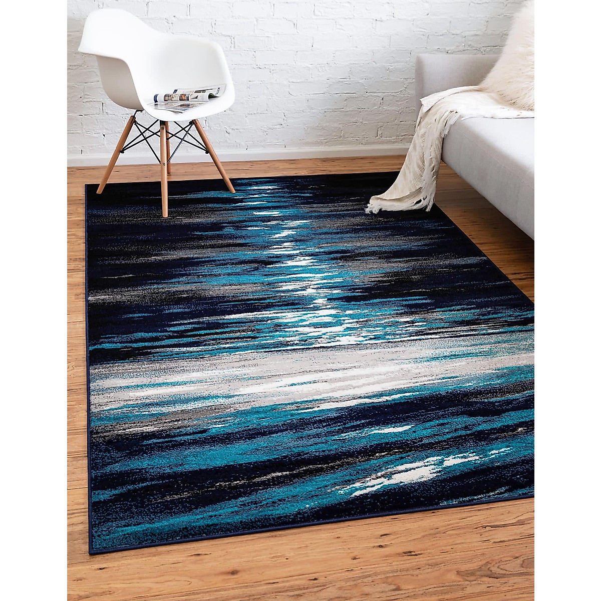 Unique Loom Metro Collection Abstract Water Modern Waves Seascape, Coastal, Nautical Area Rug, 4' 1" x 6' 1" Rectangle, Navy Blue/Ivory