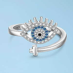 Cross Evil Eye Ring Sterling Silver Spiritual Turkish Third Evil Eye Cross Rings for Women Teen Greek Nazar Religious Adjustable Open Ring for Protection Size 9