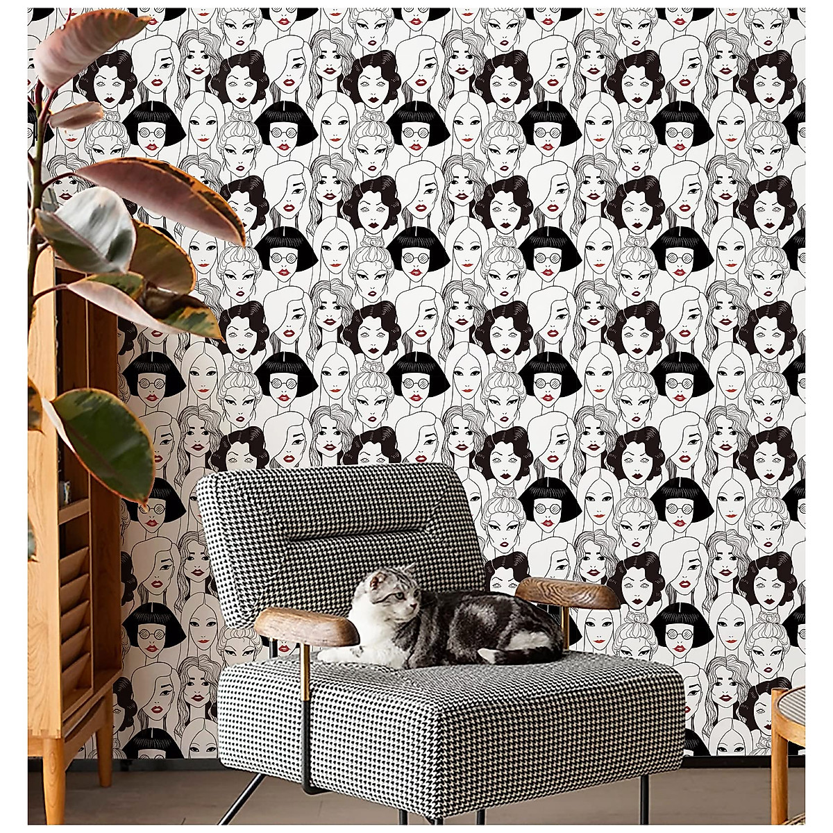HAOKHOME Modern Peel and Stick Wallpaper Cool Ladies Black/White/Red Lips Removable Vinyl Self Adhesive Contactpaper 17.7in x 9.8ft
