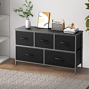 Dresser for Bedroom, Dresser for Kids Room, 5 Drawers Dresser Chest of Drawers for Bedroom, Metal Frame and Wood Top for TV Stand up to 45 inch with Fabric Storage Drawer Units for Living Room