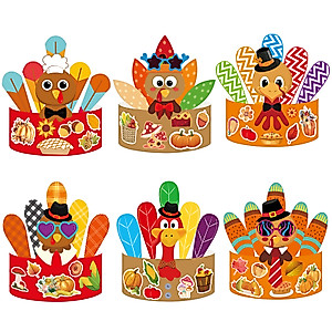 DIY Thanksgiving Turkey Craft Kits 12 PCS Fall Headbands Crowns Hats Party Decoration Supplies for Kids School Holiday Activity