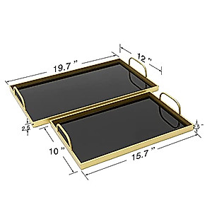 eodme Black Serving Trays Set of 2, Rectangle Glass Ottoman Tray with Metal Handle, Decorative Tray for Living Room Coffee Table 19.7''&15.7''