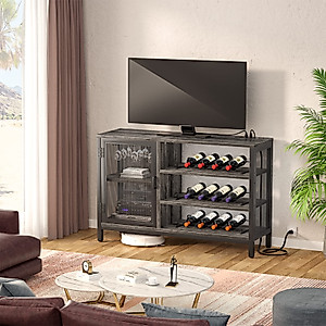 Homieasy Wine Bar Cabinet with Power Outlets, Industrial Bar Cabinets for Liquor and Glasses, Farmhouse Mini Coffee Bar Liquor Cabinet Bar for Home with Removable Wine Racks, Balck Oak