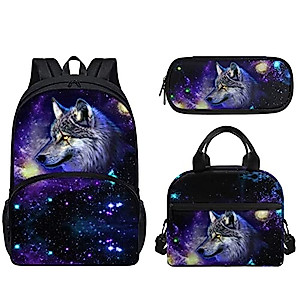 Renewold 3 Pack Galaxy Wolf Print Kids Backpack Set Child Teens Bookbag Student Book Bag Set Daypack with Lunch Box Pencil Case Set for Primary Middle School Girls Boys Lightweight