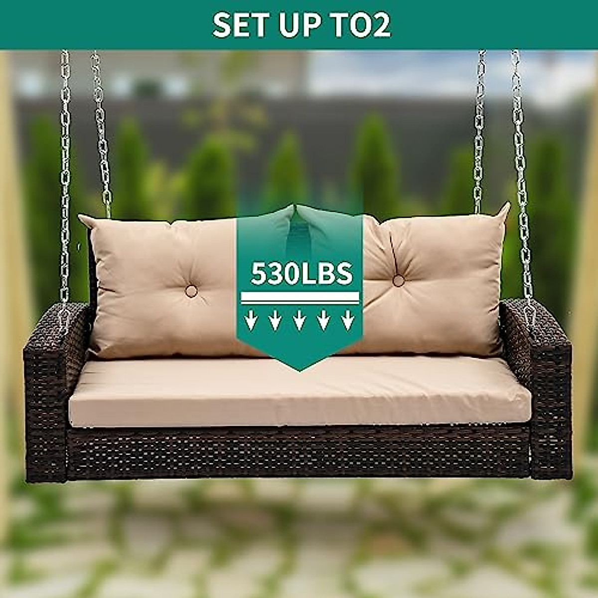 YITAHOME Wicker Hanging Porch Swing Chair Outdoor Brown Rattan Patio Swing Lounge w/ 2 Back Cushions Capacity 530lbs for Garden, Balcony, Living Room, Beige