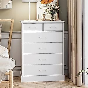 FOTOSOK 6 Drawer Dresser, White Dresser Tall Dresser Wood with Metal Handles, White Modern Chests of Drawer Tall White Dresser for Home, 15.7'' x 27.6'' x 37.8''