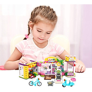 BRICK STORY Girls Friends Supermarket Building Set 376 PCS, Seaside Grocery Store Flower Shop Building Kit, Beach Shopping Mall Toy Educational Building Blocks Gift for Kids Ages 6-12