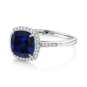 Gem Stone King 10K White Gold Cushion Cut 8MM Birthstone and Accent Diamonds Halo Engagement Ring For Women|Wedding Anniversary Promise Available In Size 5, 6, 7, 8, 9 (Created Sapphire, September,8)