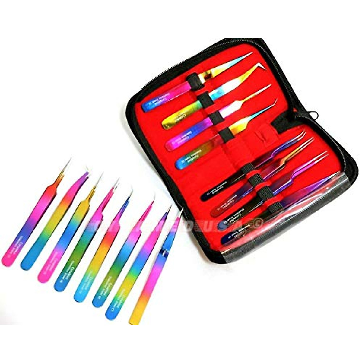 Cynamed-Set of 8 Piece German Stainless Steel Titanium Color Eyelash ExtensionTweezers