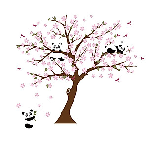 Runtoo Panda Wall Decal Cherry Blossom Wall Art Stickers for Living Room Bedroom Baby Nursery Kids Wall Décor