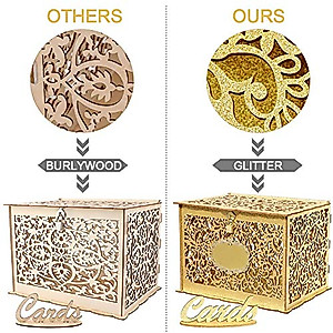 OurWarm Glittery Gold Wedding Card Box with Lock, Wood Gift Card Box Holder Money Box for Wedding Reception Birthday Party Baby Shower, Open House Celebration or Graduation Party Decorations