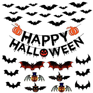 JOLLY SWEETS Happy Halloween Banner Set with Scary Bat Stickers 28Pcs, Pumpkin Sign Designed with Ghost, with Scary 3D Bat Wall Stickers, Halloween Decorations, Halloween Party Supplies