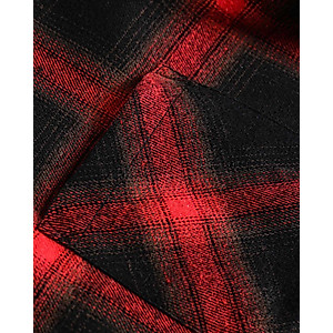 Mens Hooded Flannel Plaid Button Shirt Lightweight Long Sleeve Shirt Jackets with Hood Red Black