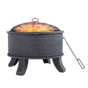 Wood Burning Fire Pit for Outside Antique Bronze 26 Inch Firepit Large Round Fire Pit Bowl with Poker & Spark Screen for Patio Lawn Backyard 4 Leg & Bronze Finish