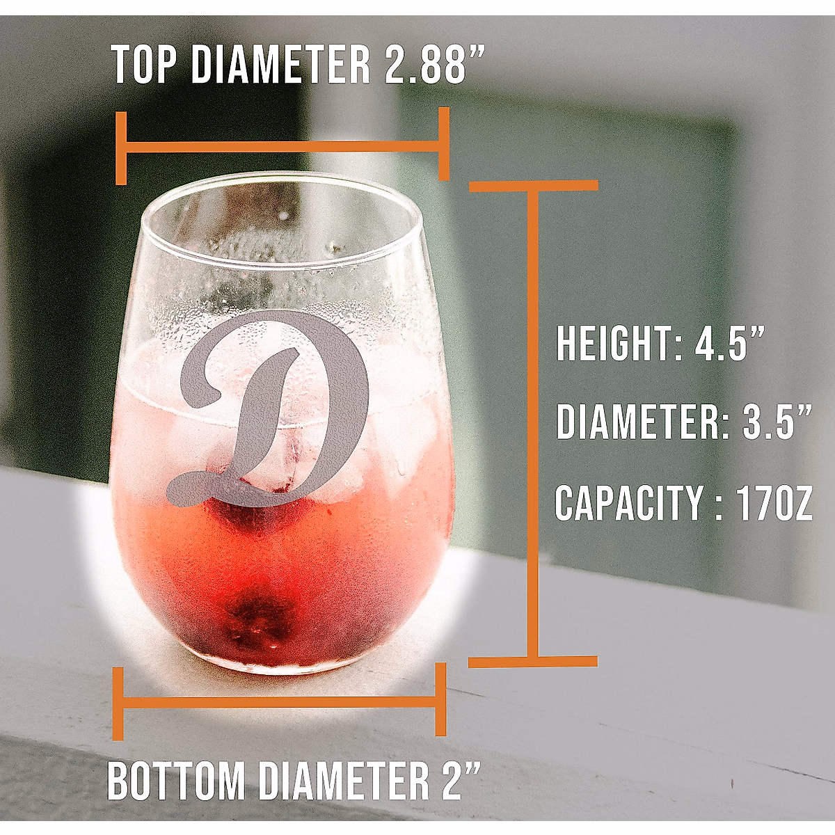 Etched Monogram 17oz Stemless Wine Glass (Letter D) A-Z Personalized wine glasses Custom Wine glasses Customized gifts for Her Women Initial Monogrammed Engraved