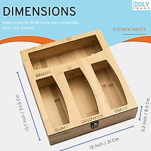 HOLY TRADE Eco-friendly Bamboo Ziplock Bag Organizer for Drawer – Pantry Organizer and Storage, Wall-Mountable Plastic Bag Organizer (Gallon, Quart, Sandwich, Snack bags)