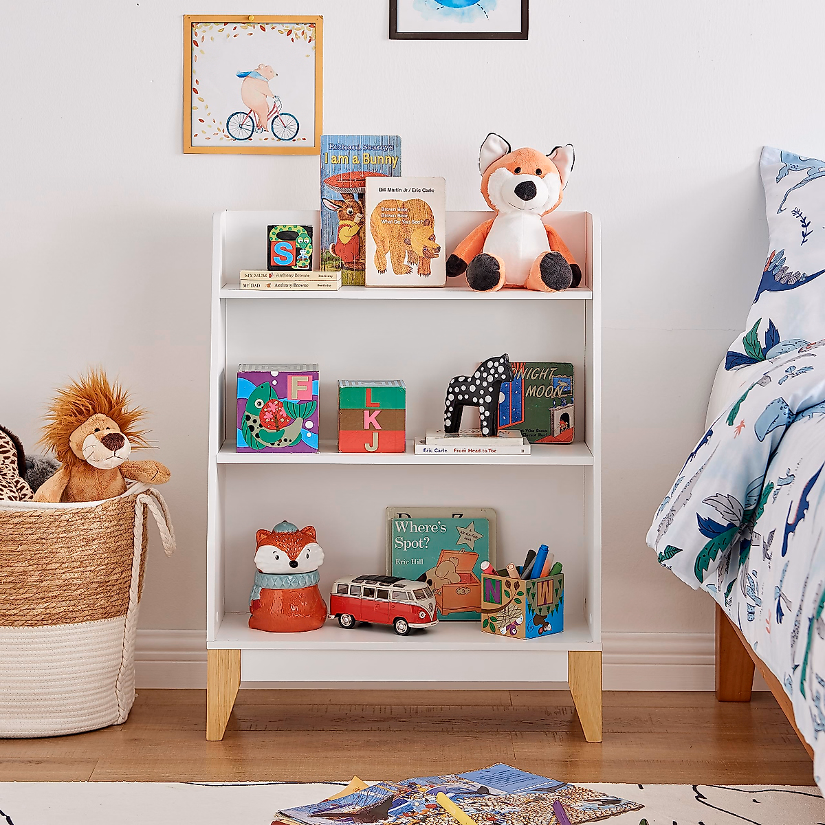 Danya B. Steiner White 3-Tier Kids Book or Toy Figure Display Unit Freestanding Bookshelf with Contrasting Wood-Toned Legs