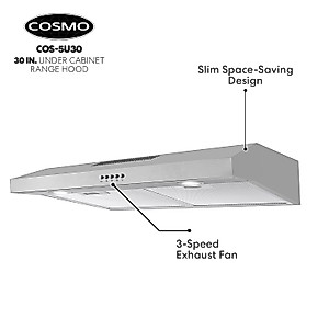 COSMO 5U30 30 in. Under Cabinet Range Hood with Ducted/Ductless Convertible (Kit Not Included), Slim Kitchen Over Stove Vent, 3 Speed Exhaust Fan, Reusable Filter, LED Lights in Stainless Steel