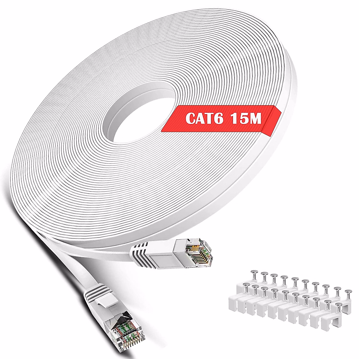 WISCENT Cat 6 Ethernet Cable 50 ft White - Flat Internet Network LAN Patch Cords – Solid Cat6 High Speed Computer Wire with Clips& Snagless Rj45 Connectors for Modem, Router – 50 feet