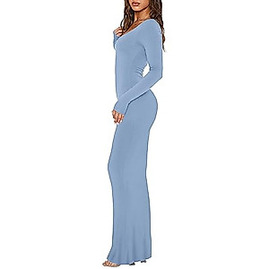 REORIA Women's Sexy Casual Scoop Neck Long Sleeve Lounge Long Dress Elegant Fall Wedding Guest Tight Ribbed Bodycon Maxi Dresses Blue Small