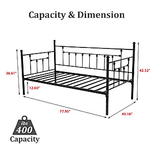AUFANK Twin Size Daybed Frame Strong Metal Slats Platform Base Box Spring Replacement Bed Sofa for Living Room Guest Room Black