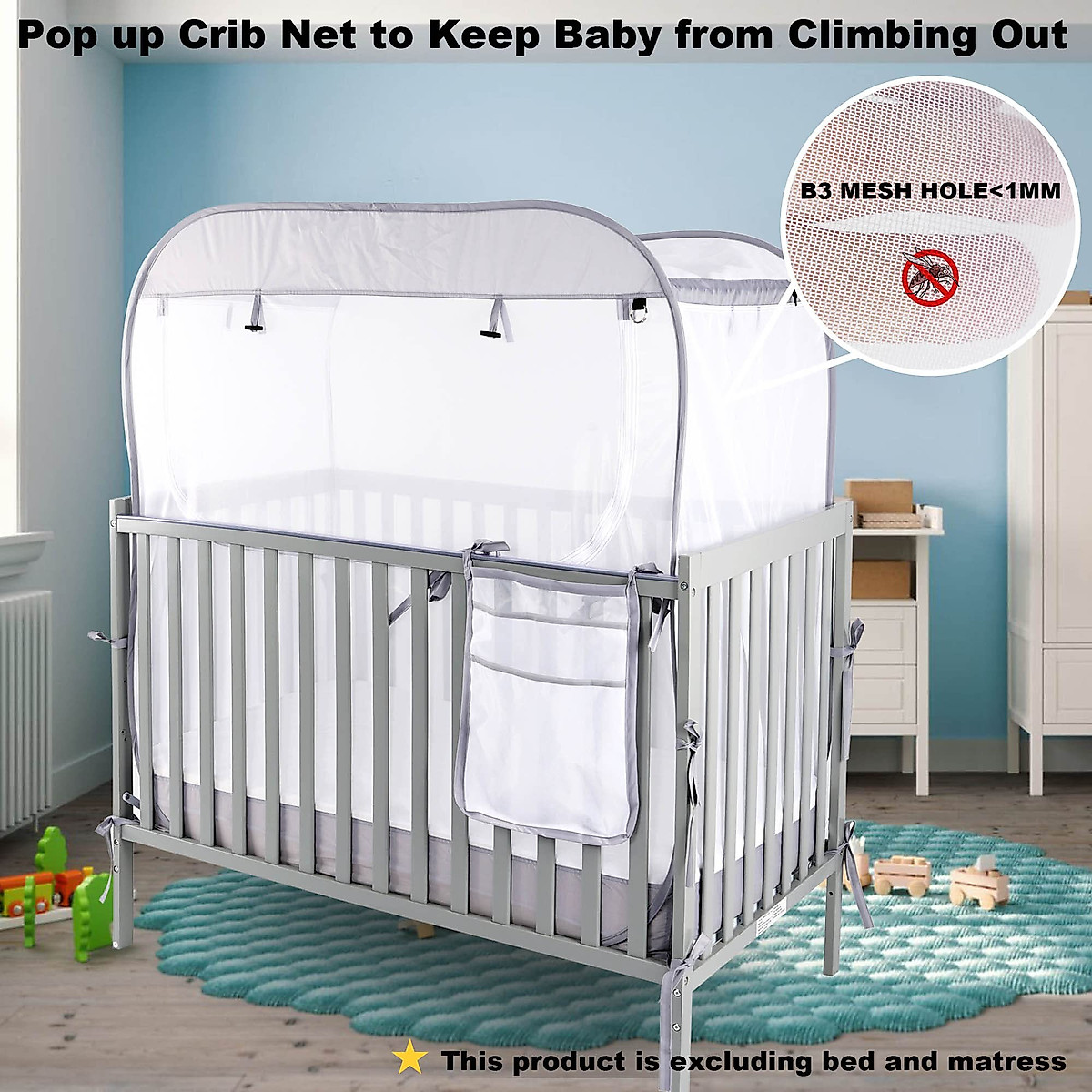 TETINY POP Baby Safety Netting Cover for Crib Pop Up Canopy to Stop Baby from Climbing Out Top Square Frame More Large Room Mosquito Mesh with Storage Bag and Carry Bag
