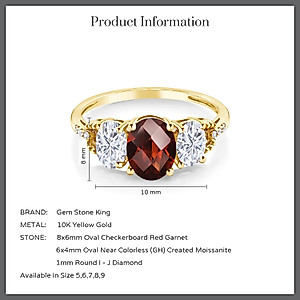 Gem Stone King 10K Yellow Gold Red Garnet White Moissanite and Diamond Accent 3-Stone Engagement Ring For Women | 2.58 Cttw | Gemstone Birthstone | Size 5,6,7,8,9