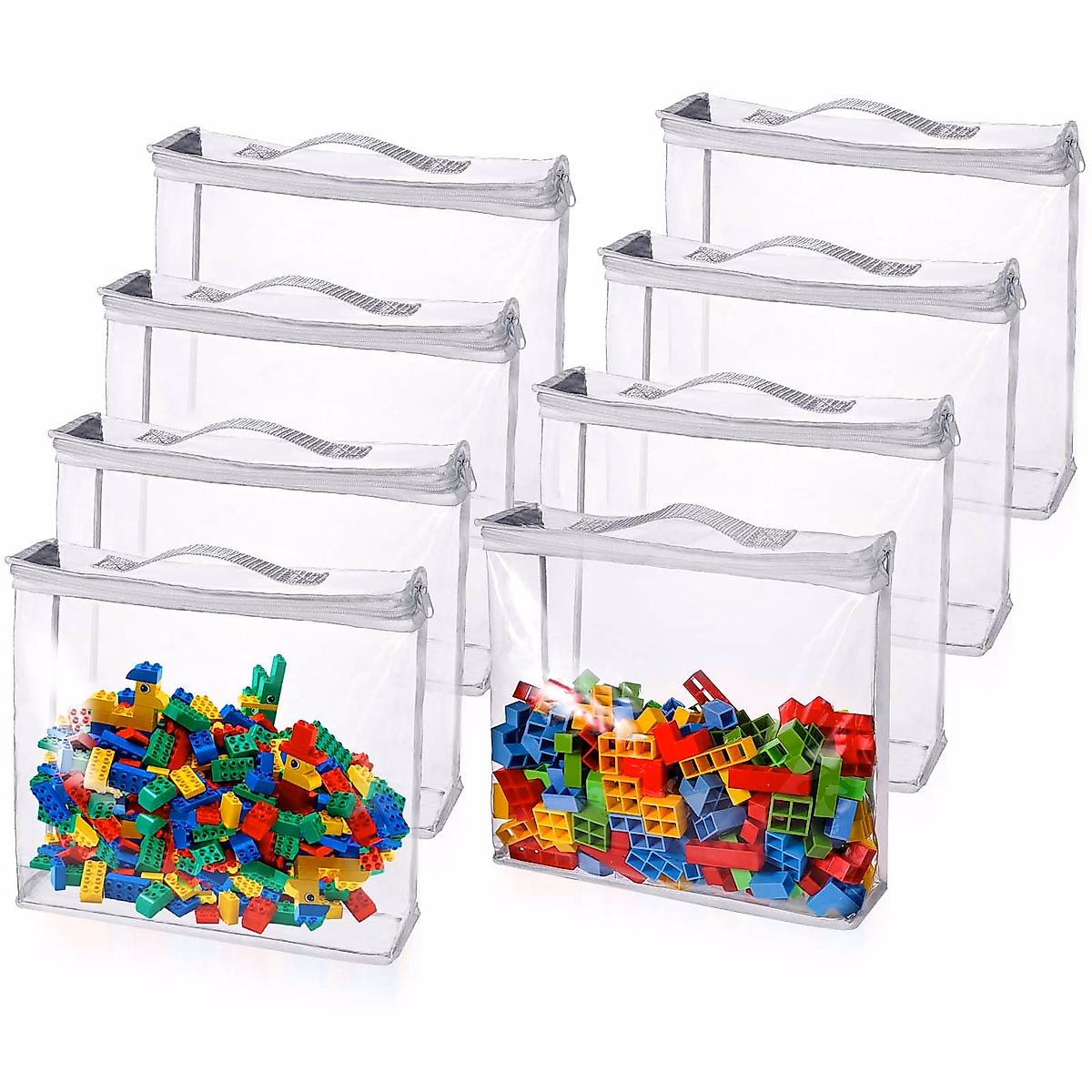 8pcs Toy Storage Bags with Zipper, 12.6x12.2x3.15 Inch Transparent Zipper Pouches for Game Organizing Clear Storage Bags PVC Toy Organizing Bags Toy Bags for Kids Building Blocks Puzzles Toys