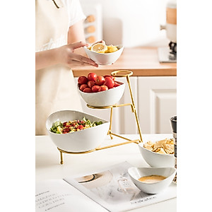 LAUCHUH 3 Tier Serving Stand with Porcelain Bowls, Oval Shape, Ideal for Food Presentation, Dishwasher Safe