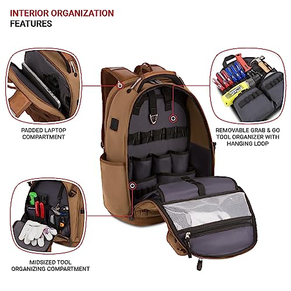 SwissGear Tool Bag Backpack, Fits Up to 17-Inch Laptop, Work Pack PRO, Brown Canvas