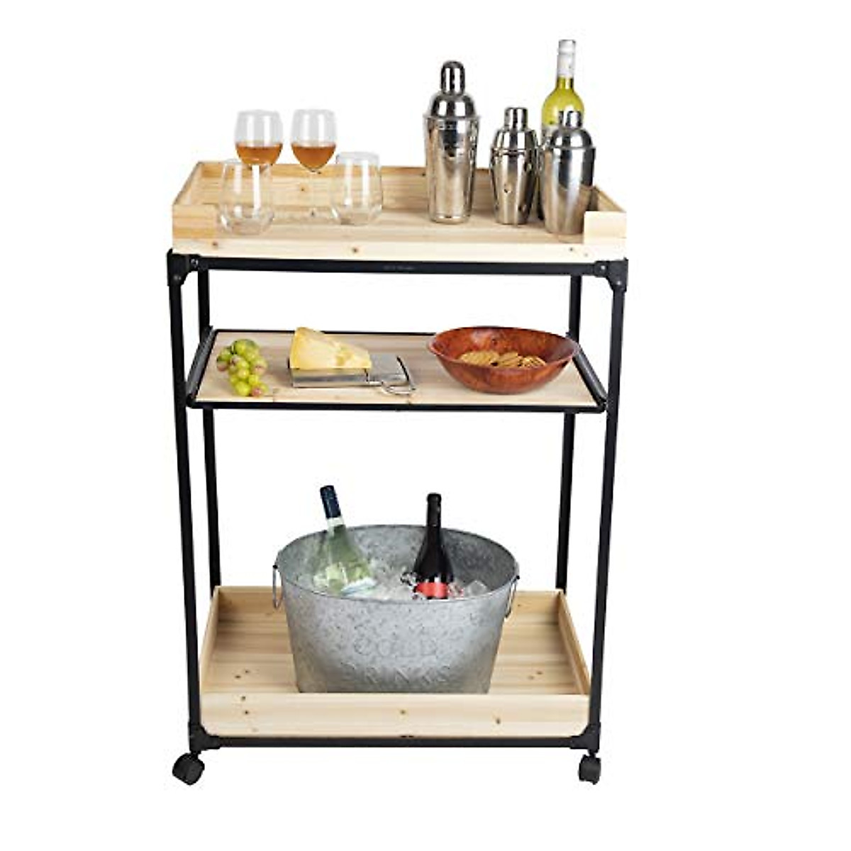 Mind Reader 3-Tier Rolling Beverage Utility Pull-Out Shelf, Kitchen Bar Serving Cart, Steel, Wood, Black